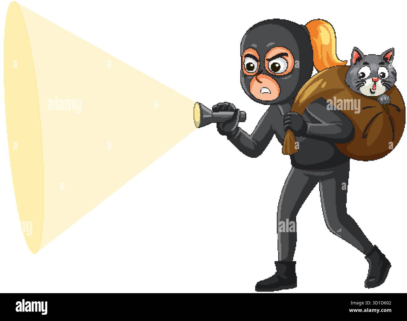 Cartoon female thief with flashlight and cat in sack, bold colors ...