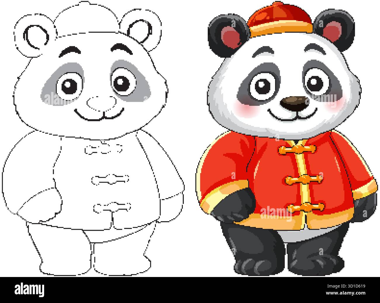 Cute cartoon panda wearing red Chinese jacket and hat, shown in color ...