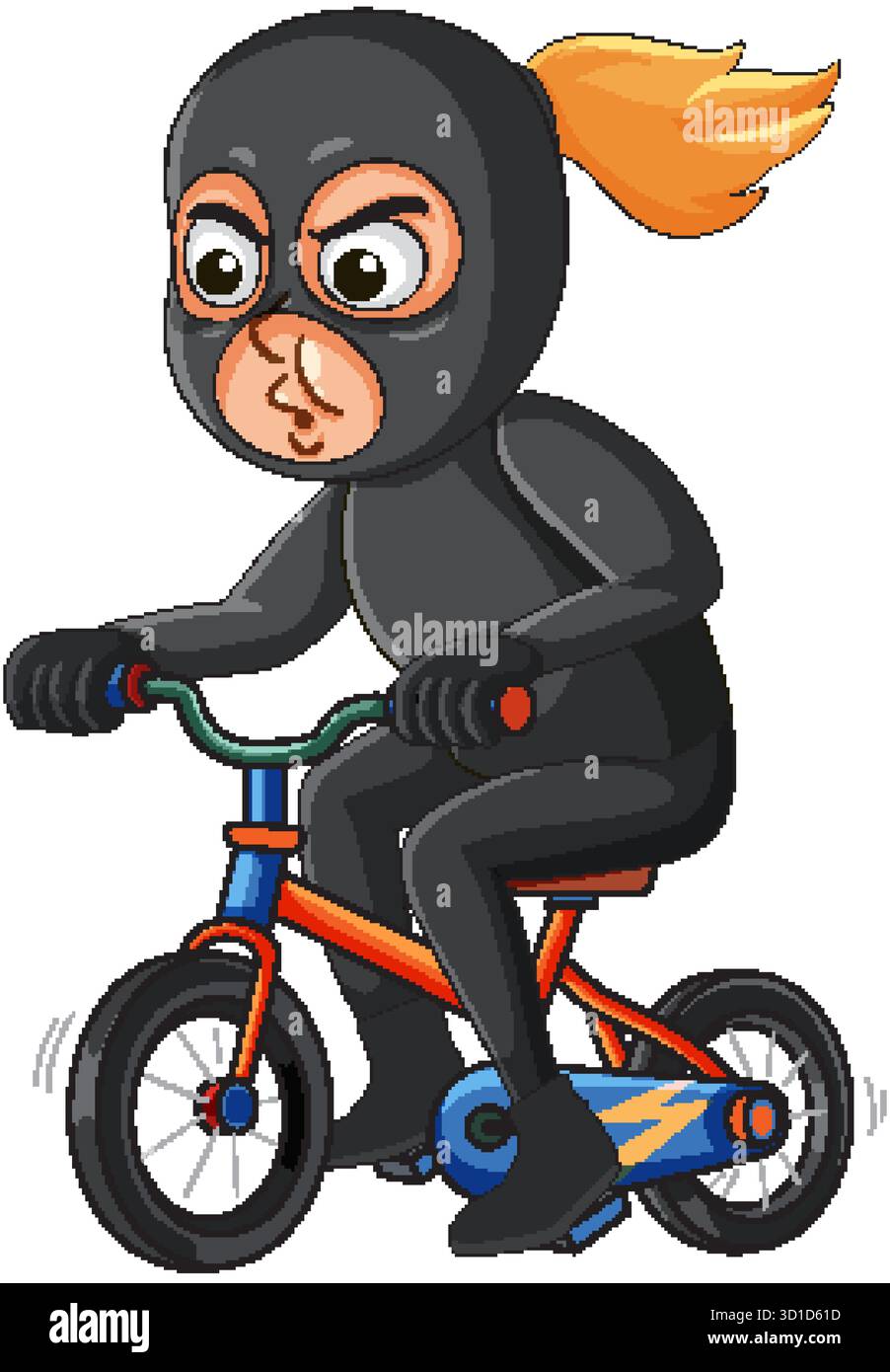 Cartoon female robber in black suit riding small bicycle, dynamic pose ...
