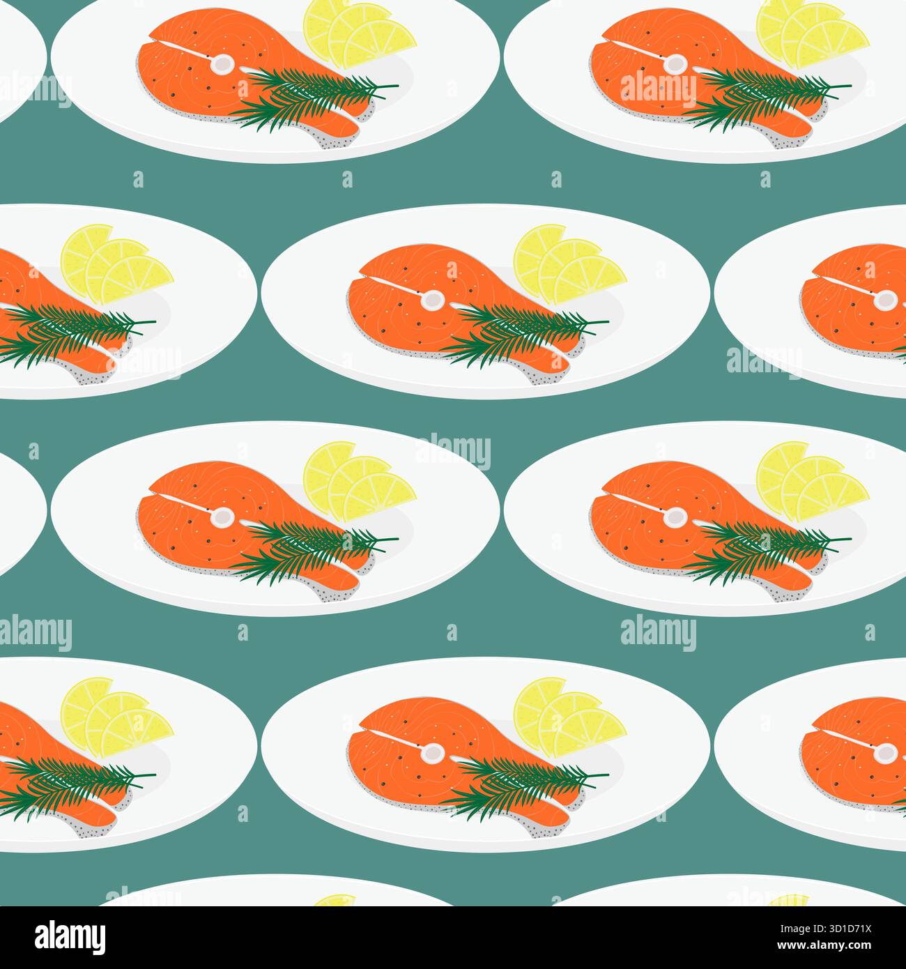 Salmon steak with lemon slices and Rosemary Twigs on white Plate ...