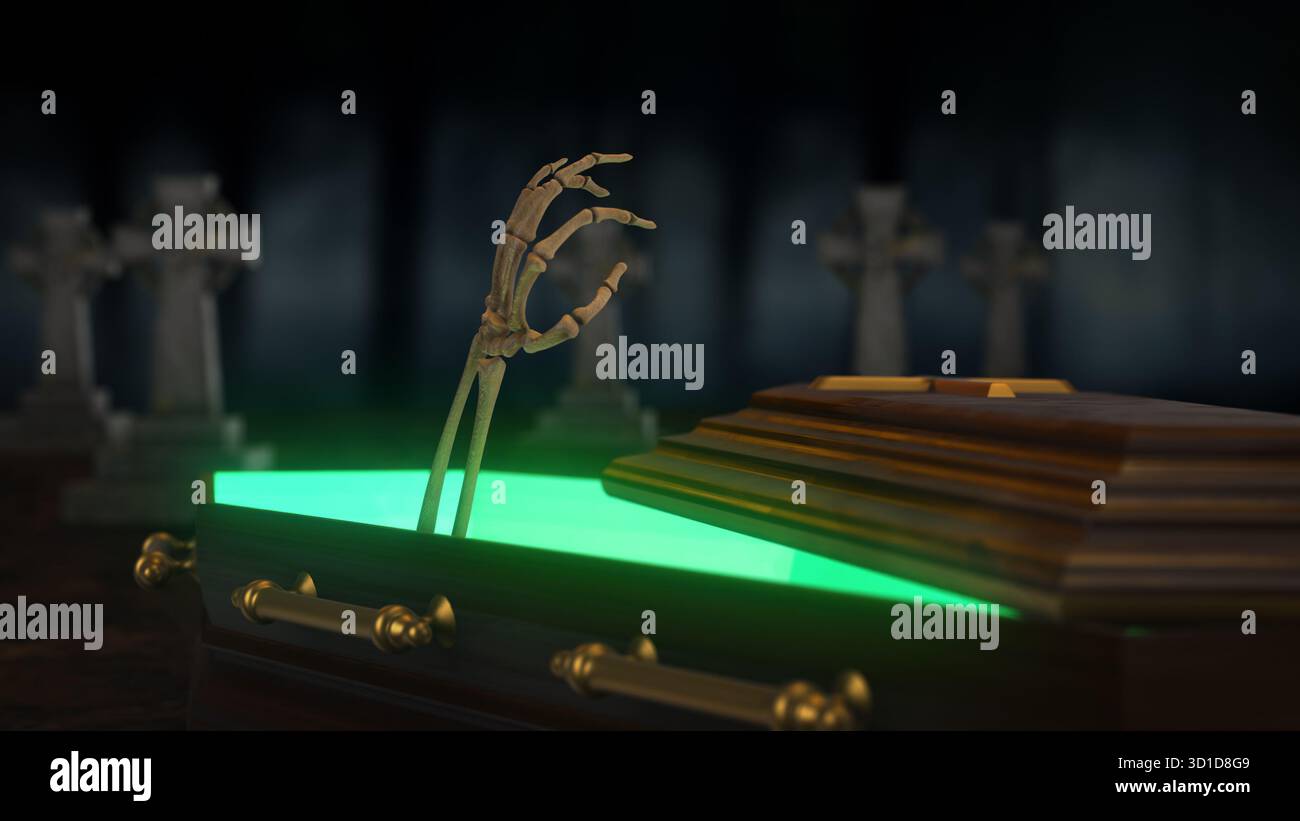 Creepy Shaking Coffin and Emerging Skeleton Hand – Horror Scene ...