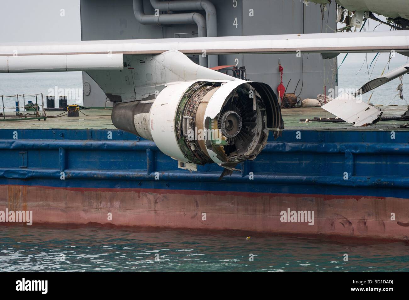 The turbofan engine of an ACT Airlines Boeing 747-400 cargo aircraft which skidded off the ...