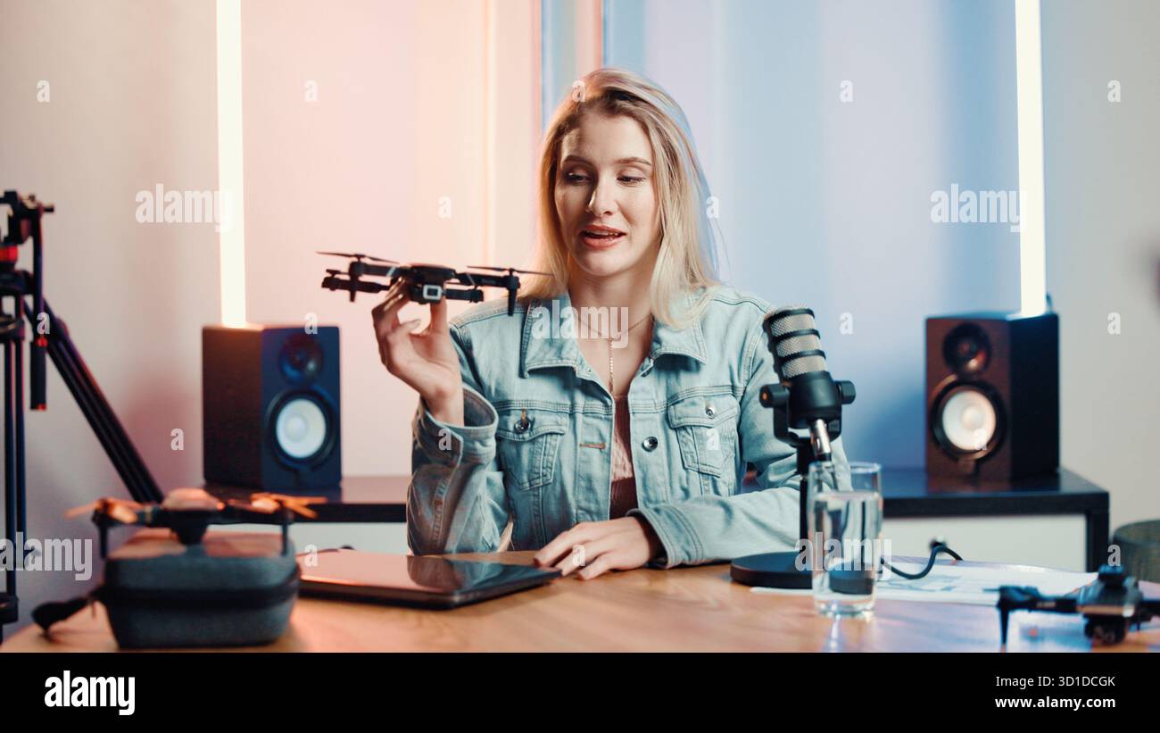 Influencer, talking and woman with drone for review, feedback and live ...