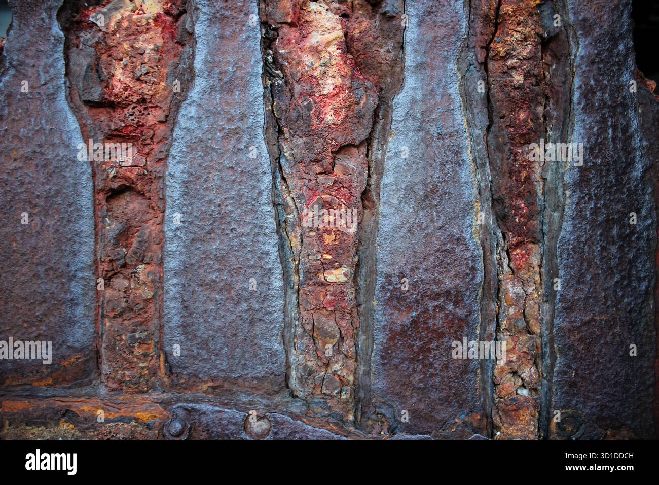This photograph displays a detailed close-up of an old rusty metal wall ...