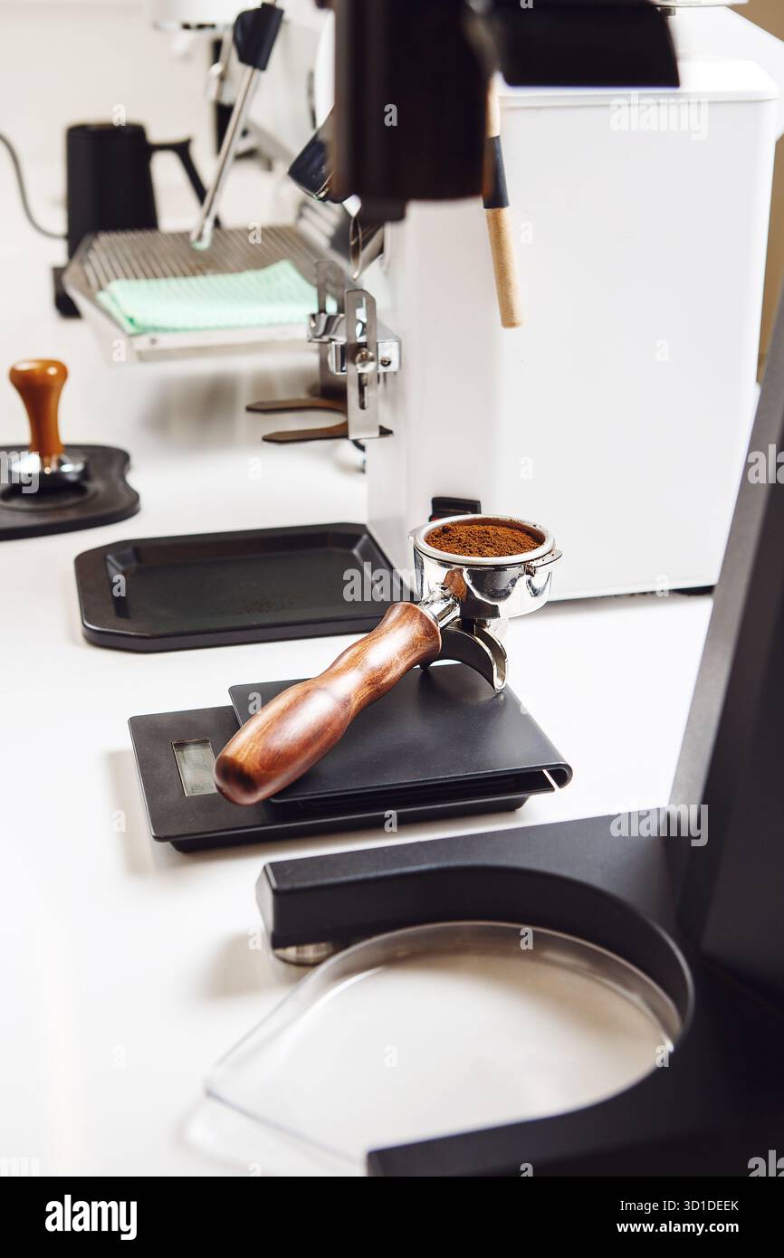 Barista Workspace Setup With Portafilter and Freshly Ground Coffee on ...