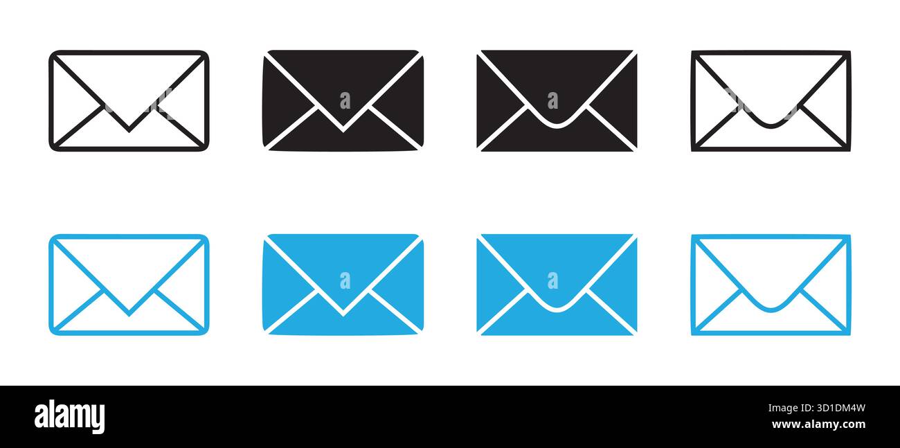 Envelope Icon Set. Black and Blue Mail Symbols for Email, Messaging ...
