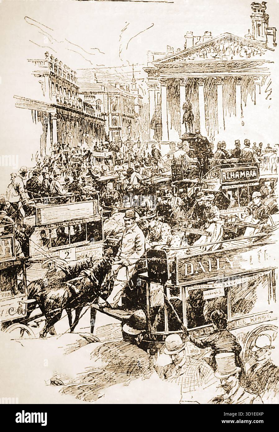 A typical London traffic jam in Victorian times (1897 illustration ...