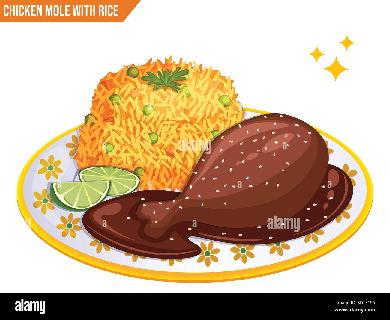 Chicken mole with Mexican rice, lime wedges, sesame seeds and parsley ...