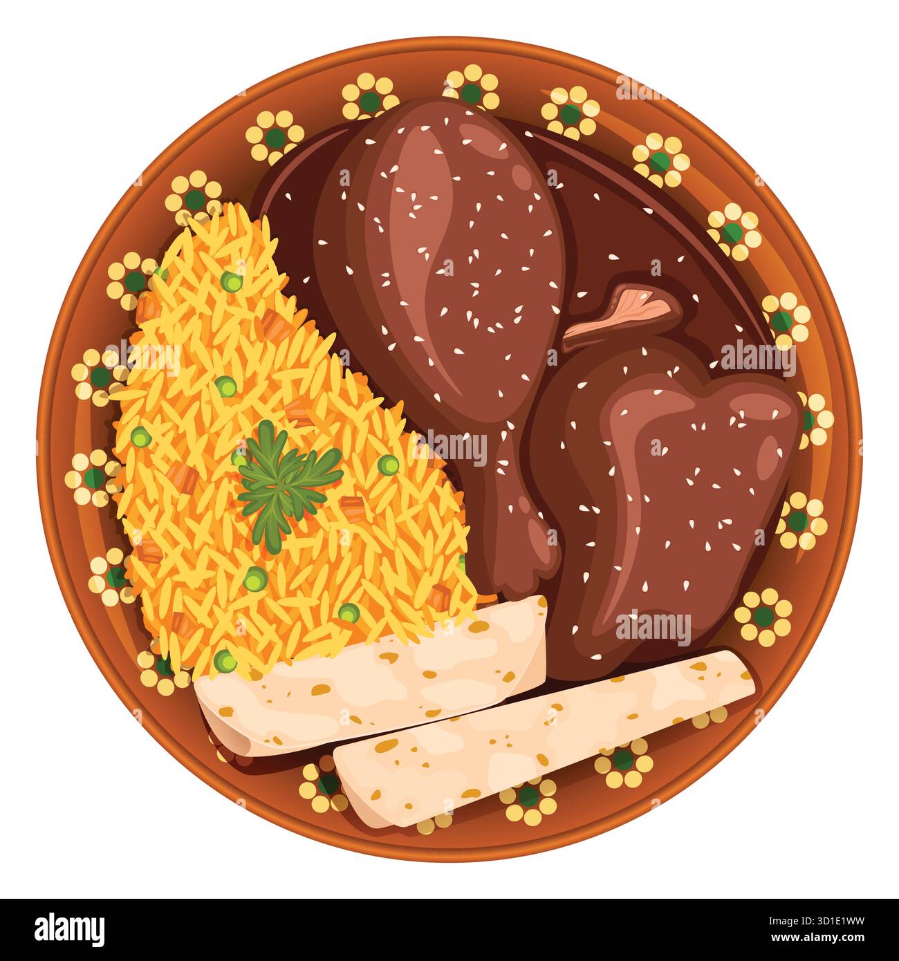 Chicken Mole with Mexican Rice and Tortillas on Mud Plate Garnished ...