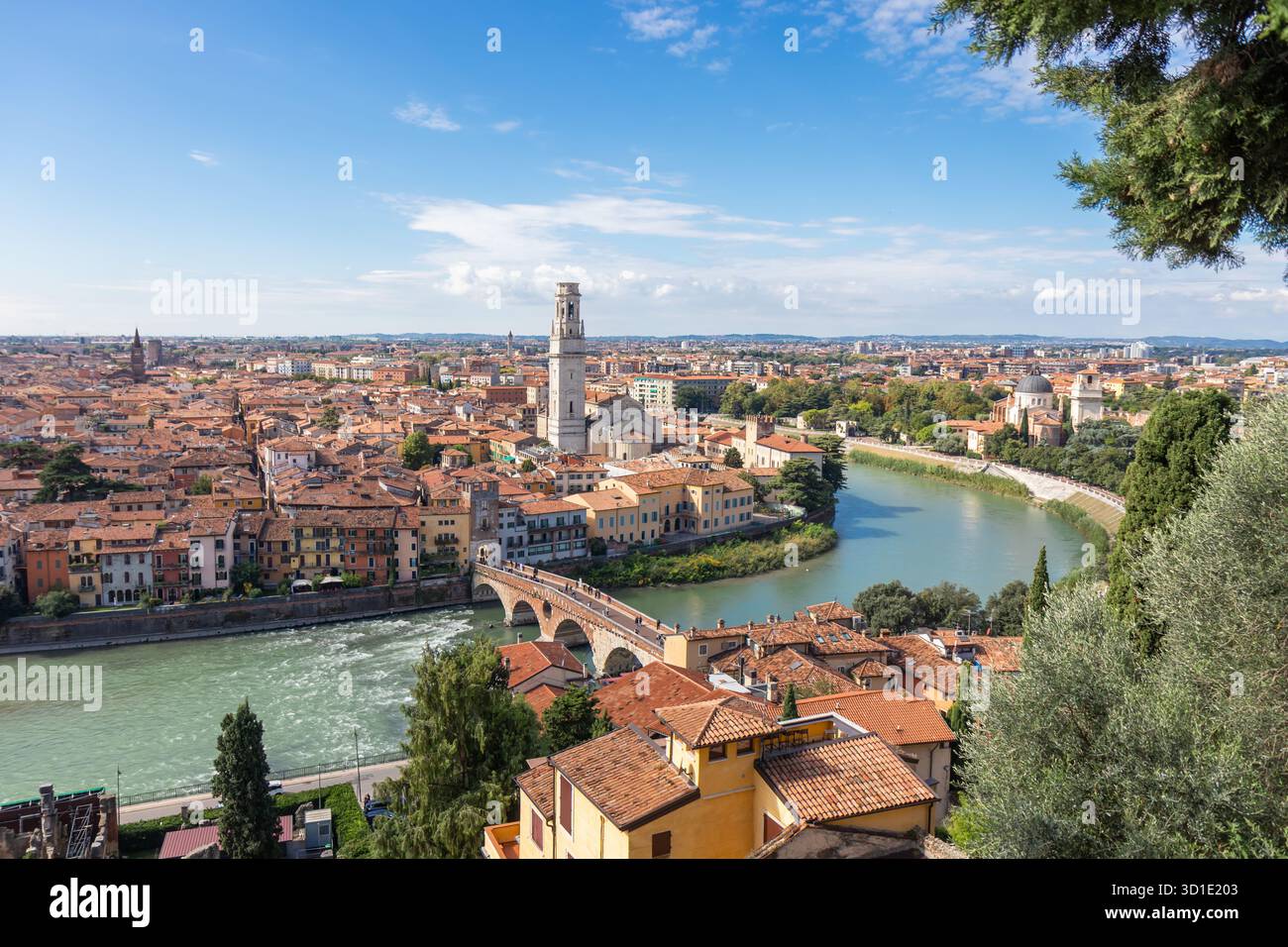 Aerial panorama of Verona, Italy, featuring the Duomo di Verona and the ...