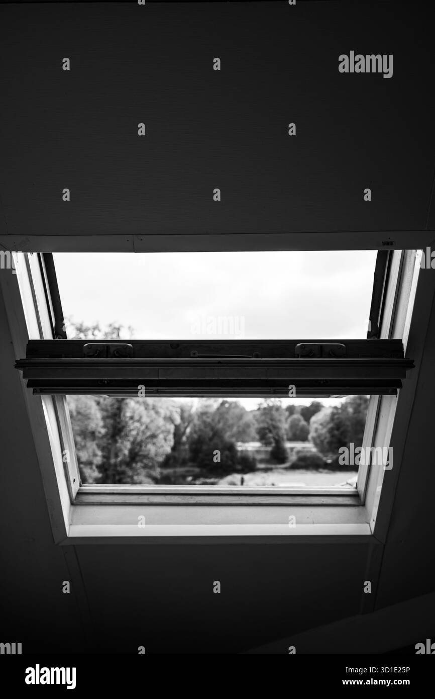 A monochrome image showcasing a window framing a natural landscape ...