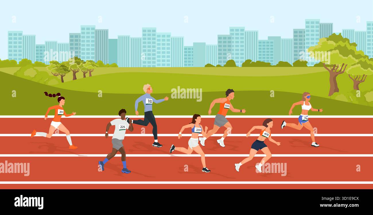 Diverse runners competing on track in urban park setting Stock Vector ...