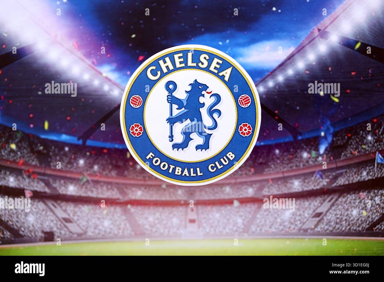 KYIV, UKRAINE - FEBRUARY 23, 2025 Chelsea FC football club badge lies ...