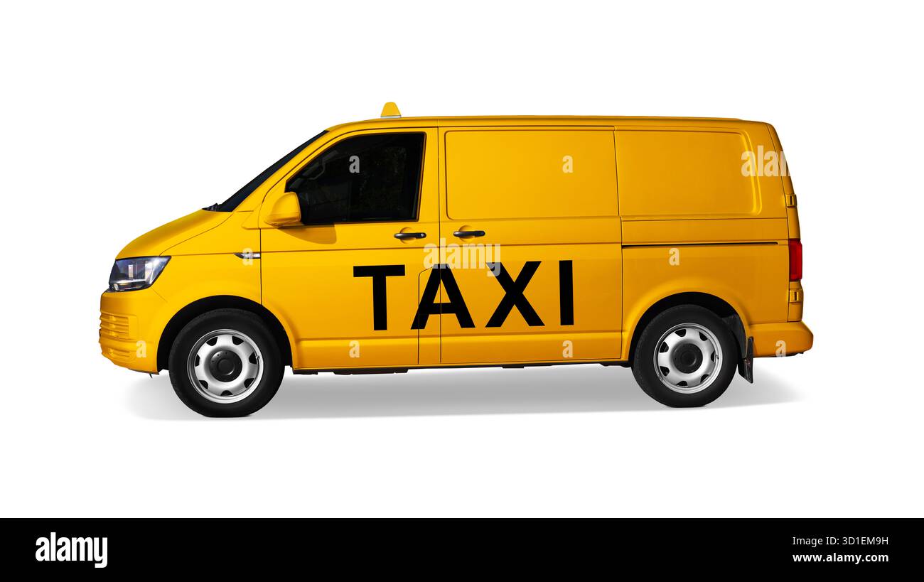 Taxi service. Orange car with logo and top sign isolated on white, side ...