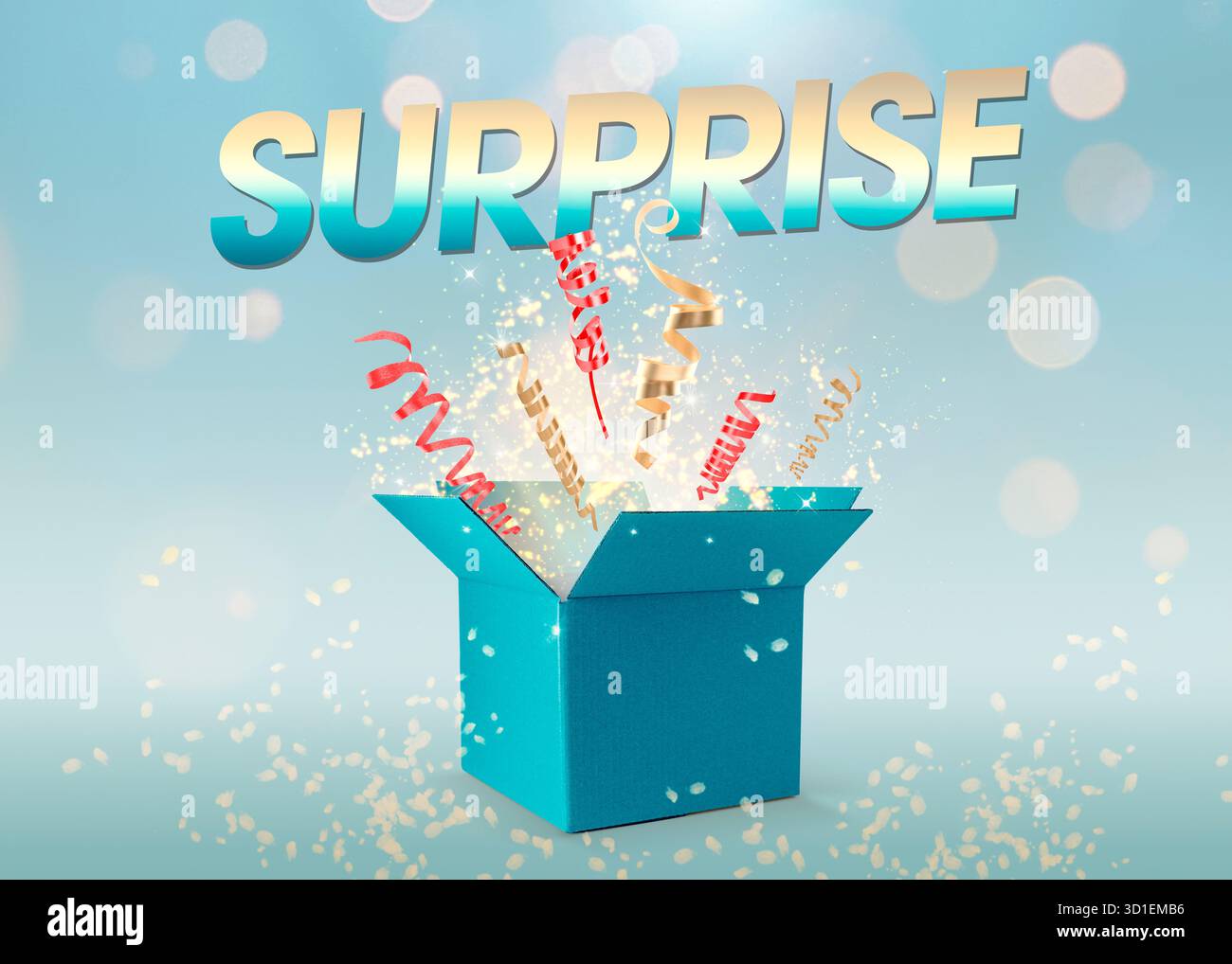 Surprise box. Streamers bursting out of package on light blue ...