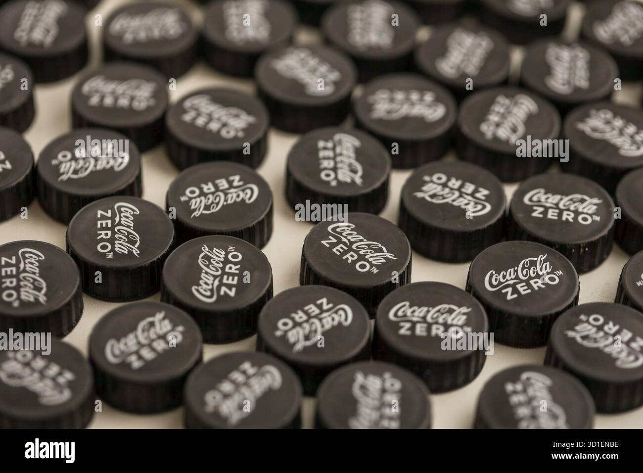 KYIV, UKRAINE - JANUARY 29, 2025 Coca Cola Plastic bottle caps ...