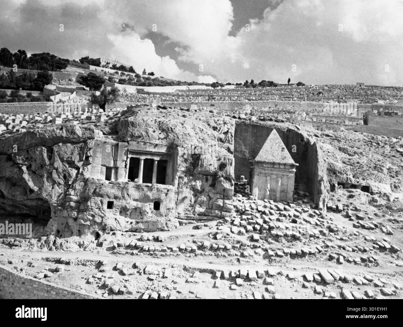 A view looking from the old wall across the huge Jewish cemetery toward ...