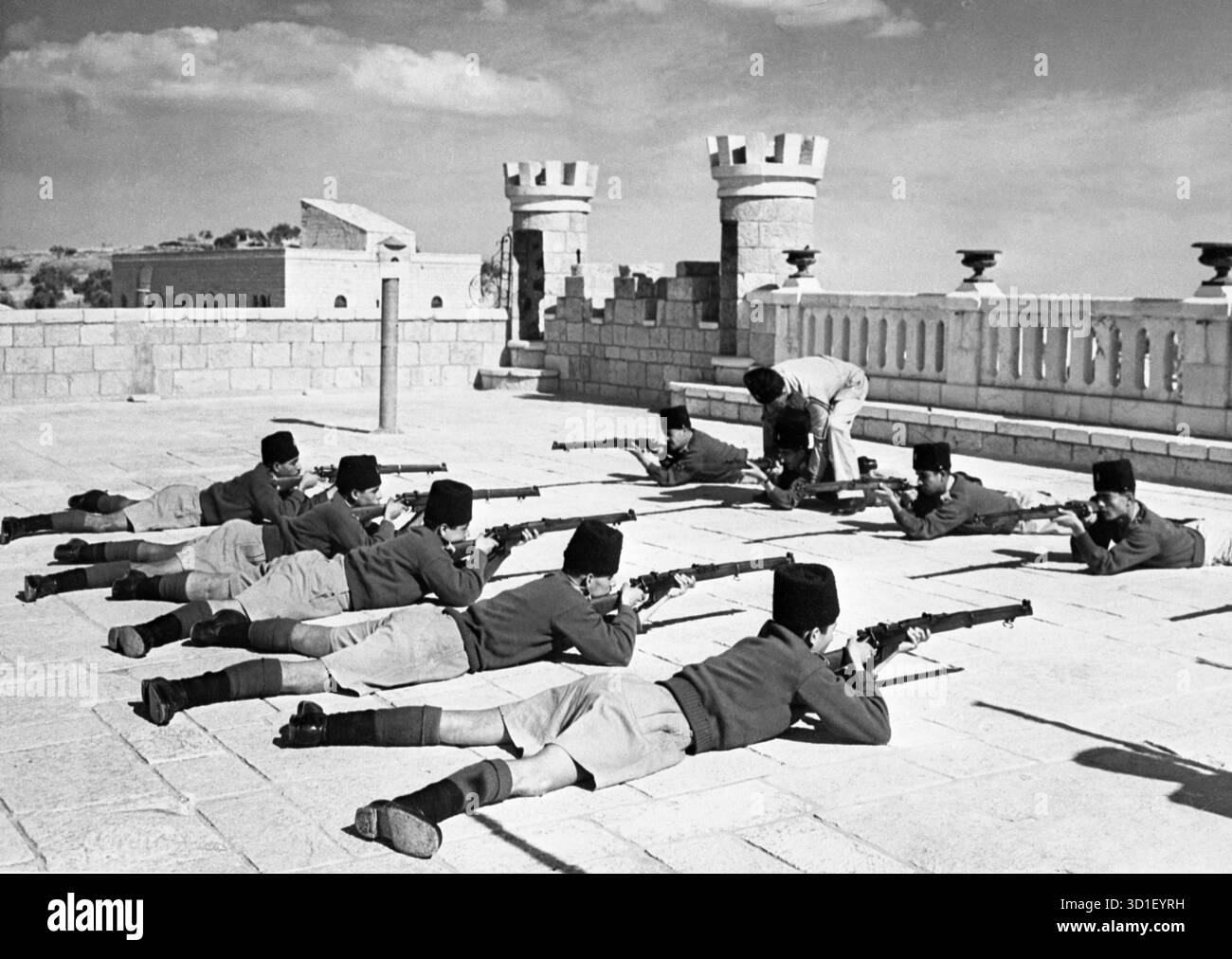 A party of Arab recruits undergoing small arms training on the roof of ...