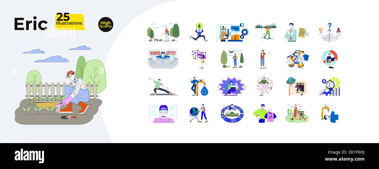 Chinese man character with work and everyday scenes cartoon flat ...