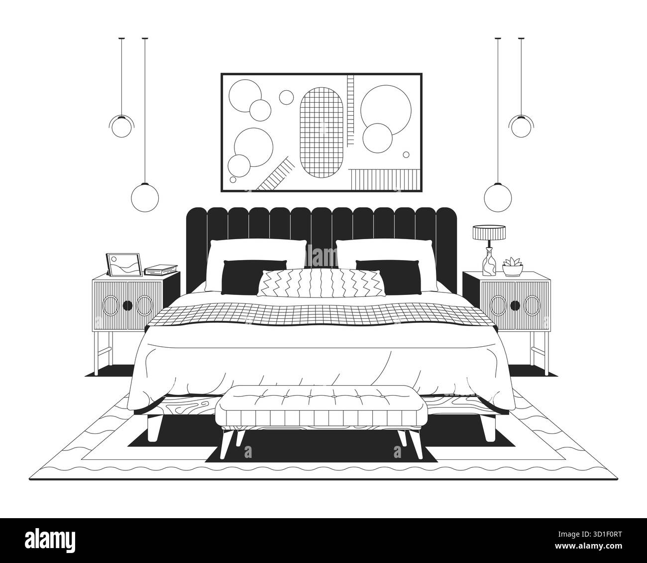 Eclectic bedroom with decorative art and cozy textiles outline ...