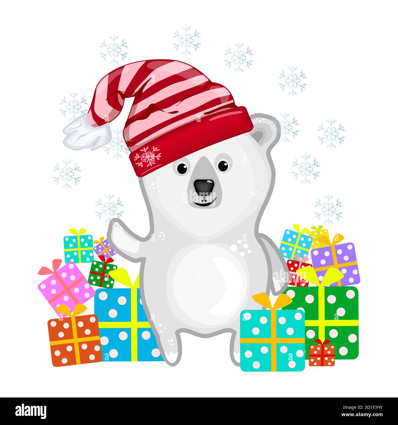 Christmas polar bear with gift box. Teddy with Santa hat and pile ...