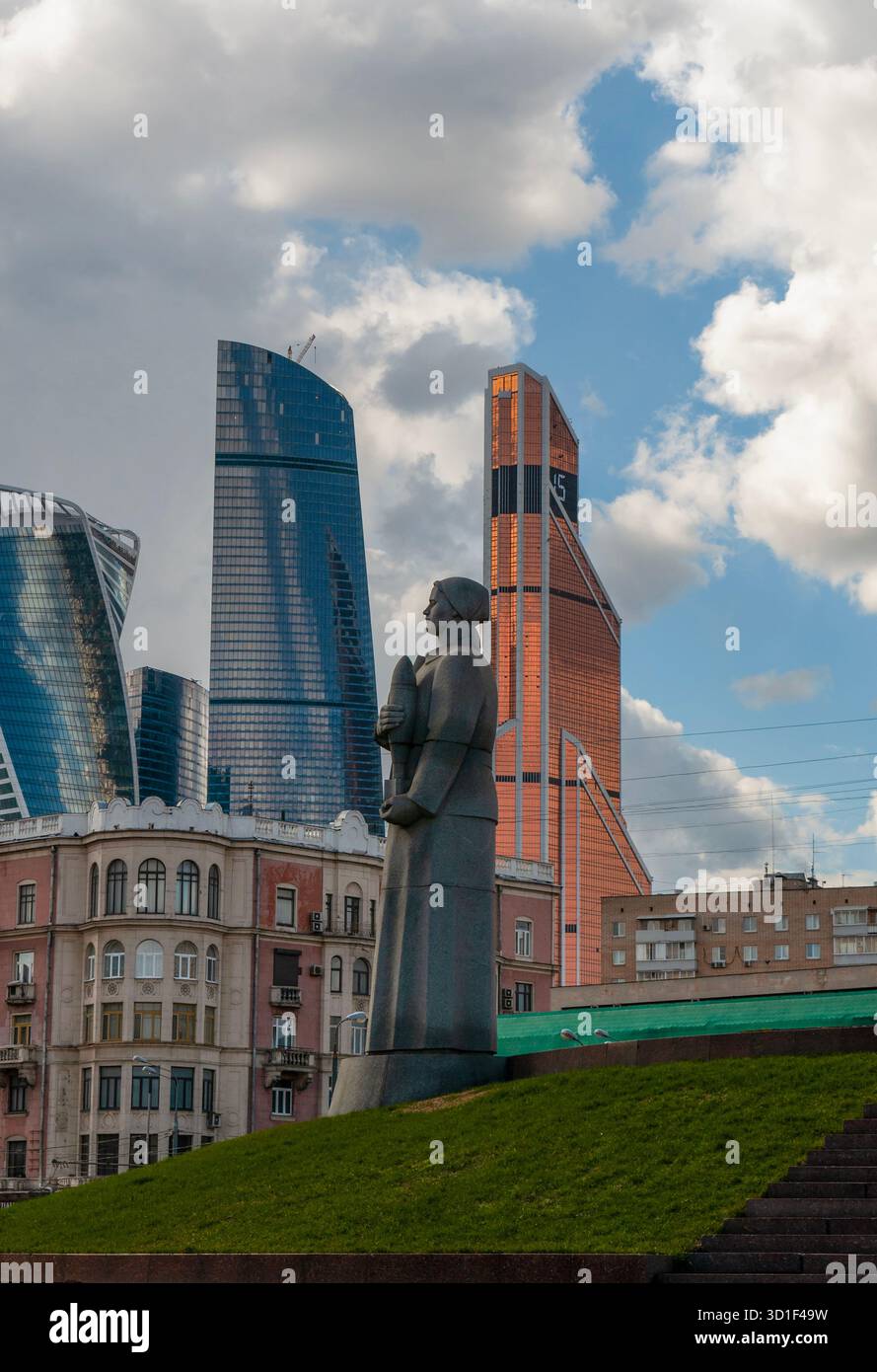 Moscow, Russia: the new skyline of Moscow City and the woman soldier of ...