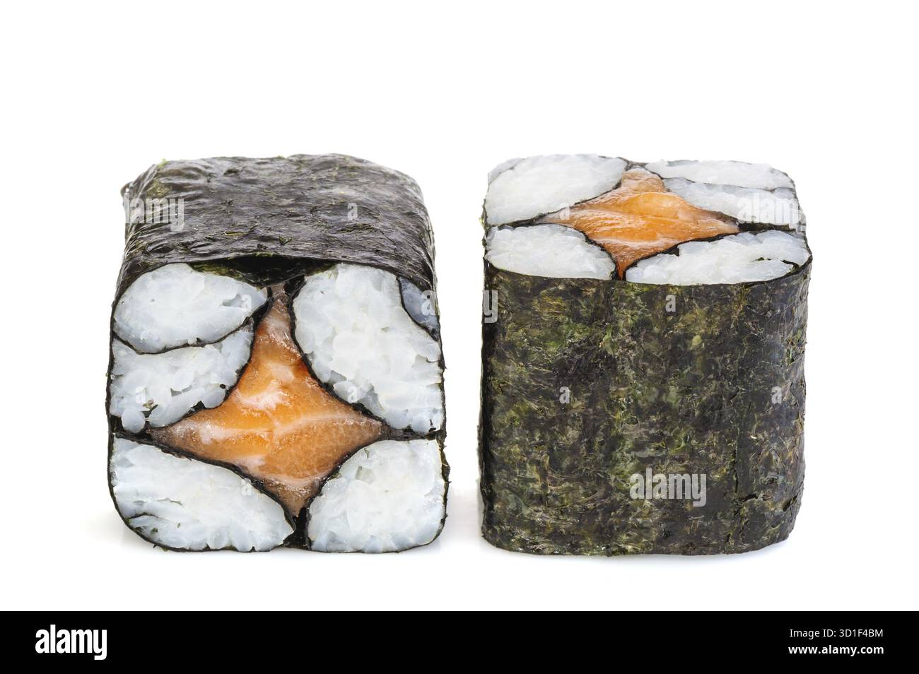 Simple maki sake sushi, two rolls isolated on white. Just rice, nori ...