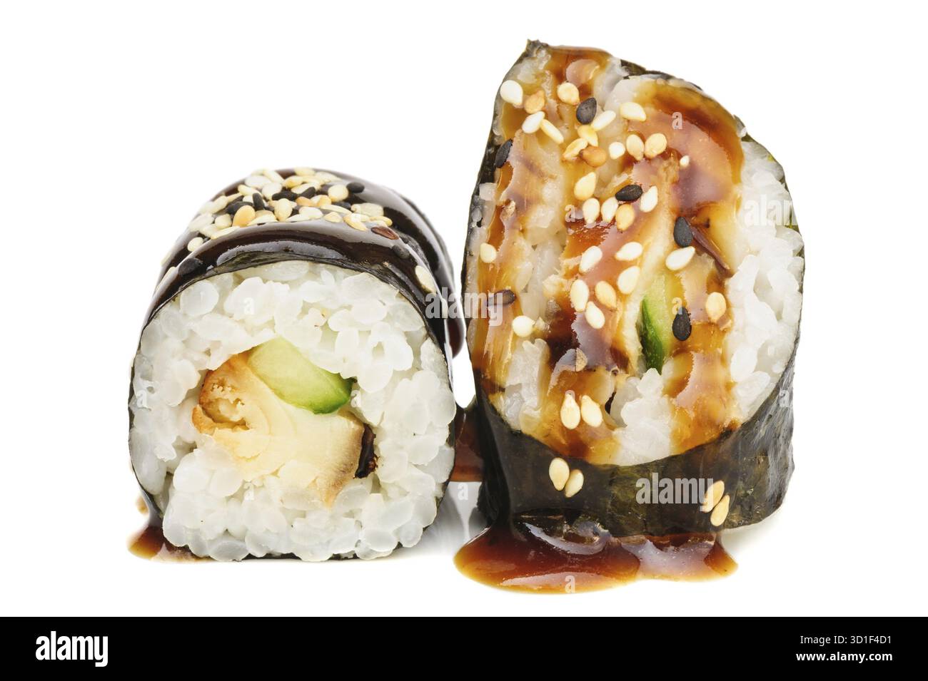 Maki sushi, two rolls isolated on white. Nori, rice, smoked eel, sesame ...