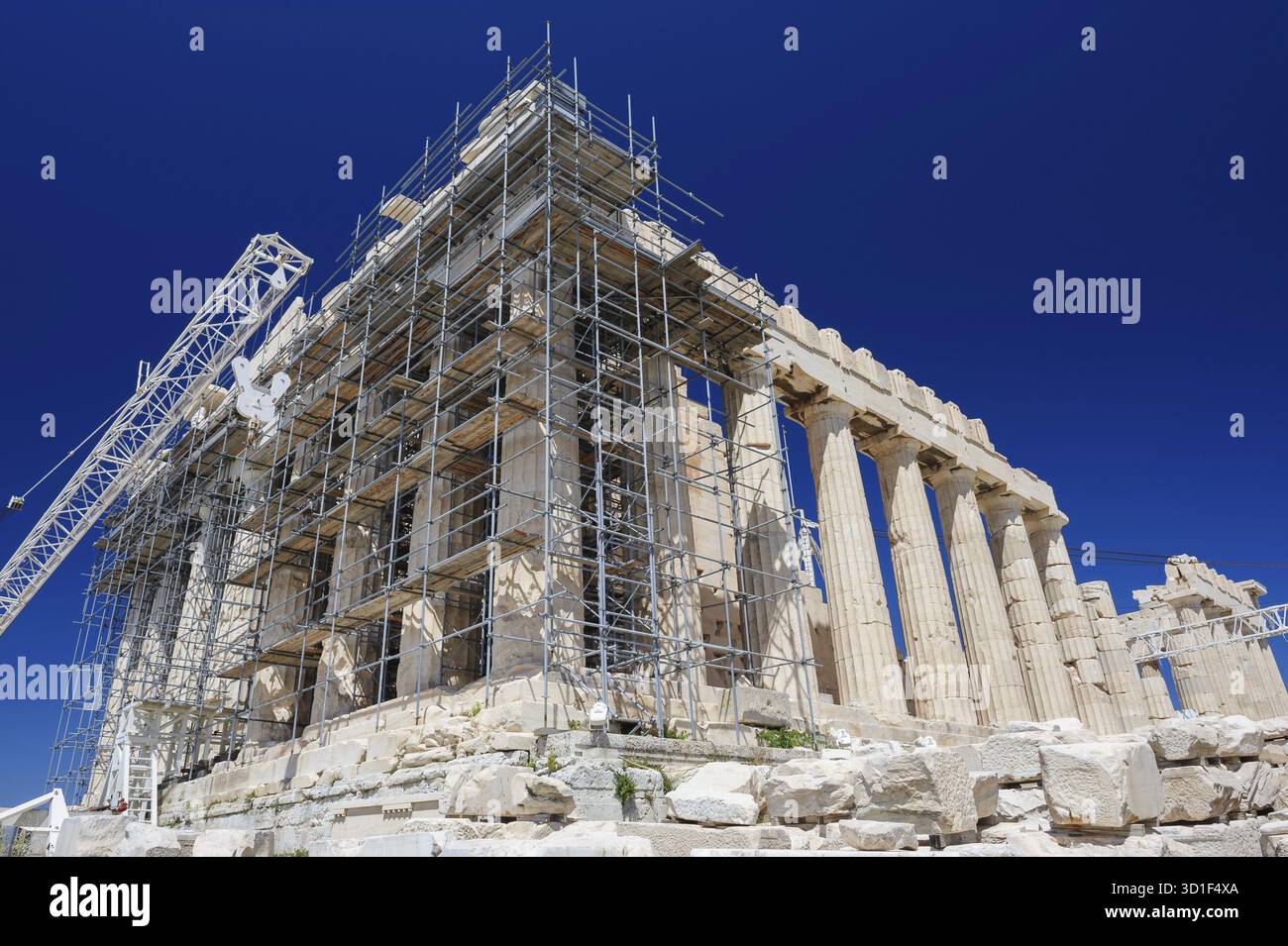 Reconstruction of Parthenon with scaffolding in Acropolis, Athens ...