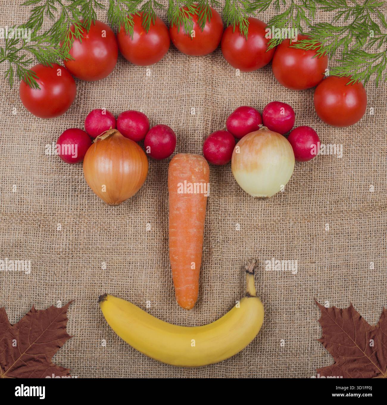 Vegetable face on a jute fabric Vegetable face photographed on a jute ...