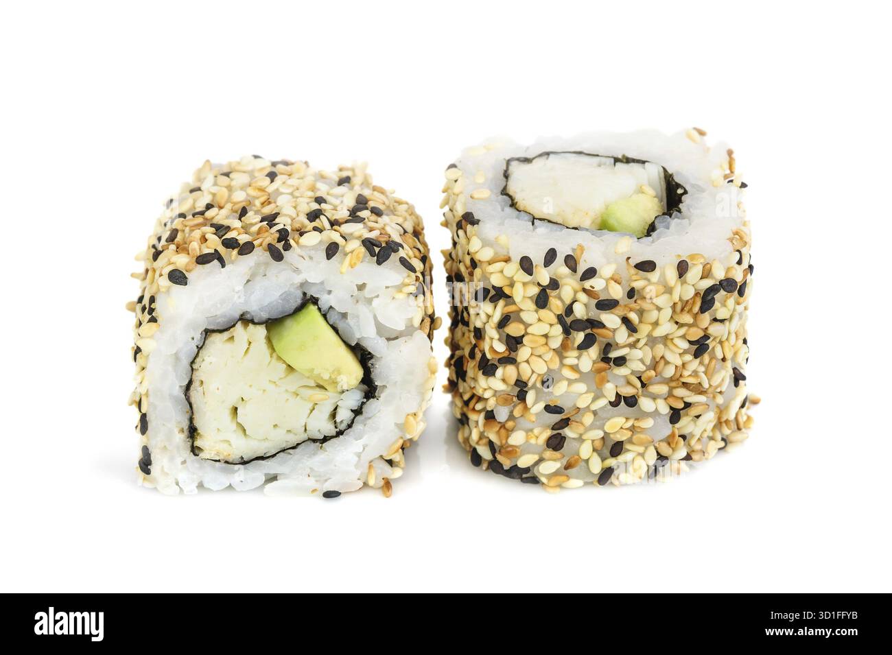Uramaki maki sushi, two rolls isolated on white. Philadelphia cheese ...