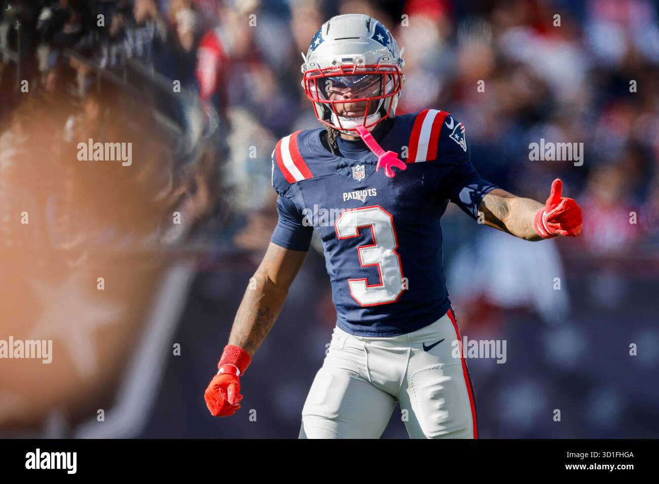 New England Patriots wide receiver DeMario Douglas (3) reacts during ...