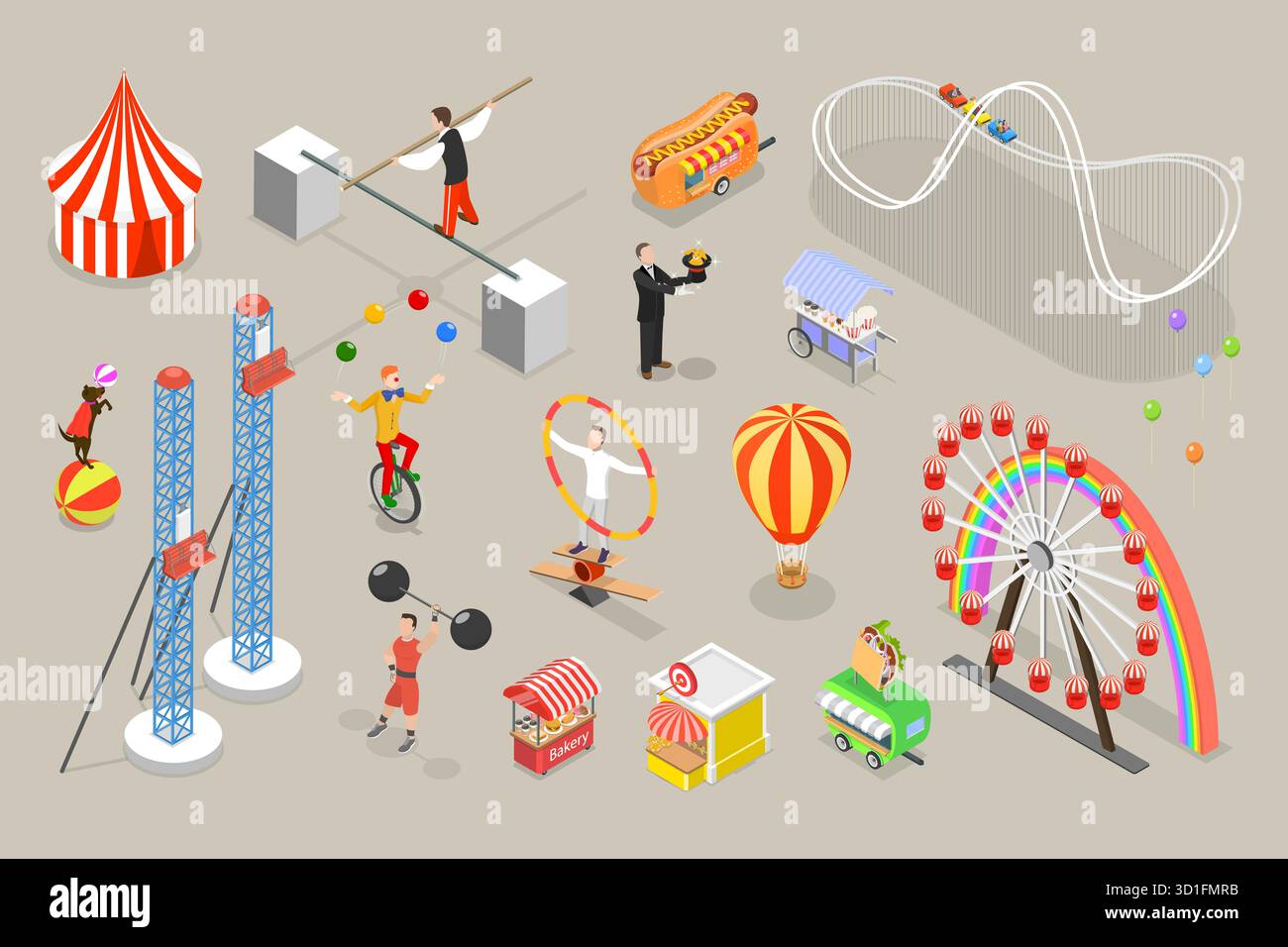 3D Isometric Flat Set of Circus Attributes, Street Performer Items and ...