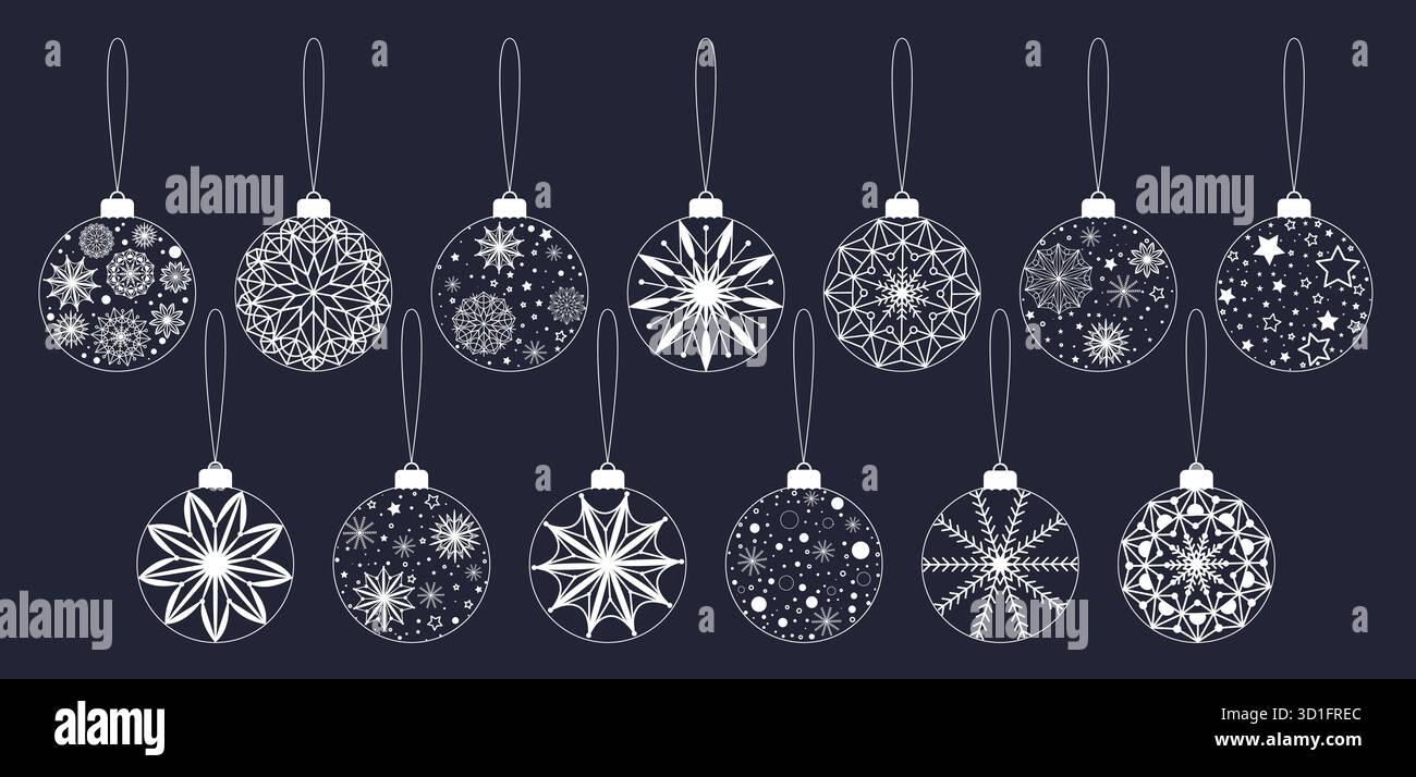 Set of New Year's festive Christmas tree baubles. Round Christmas tree ...