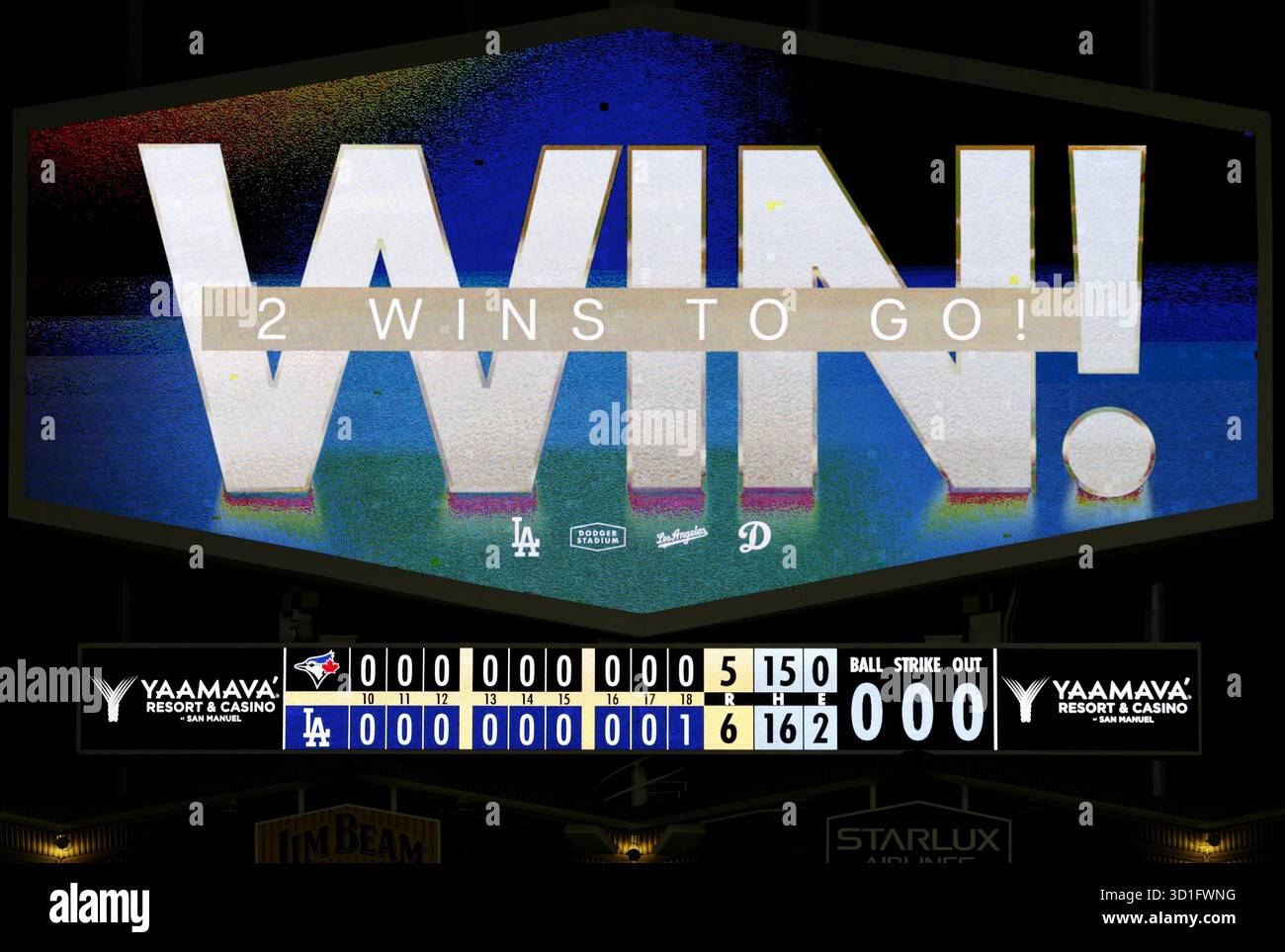 Photo taken on Oct. 27, 2025, shows a scoreboard at Dodger Stadium in ...