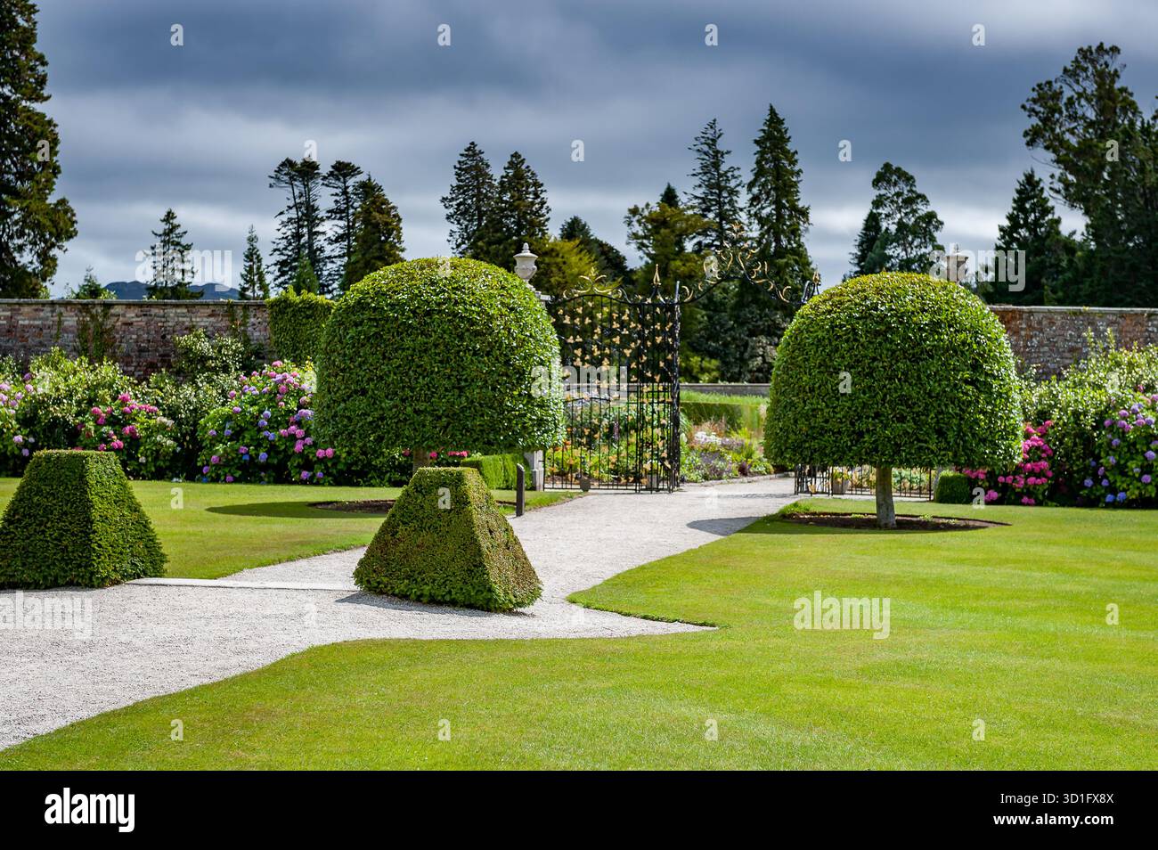English garden trees bushes trimmed in geometric correct shapes ...