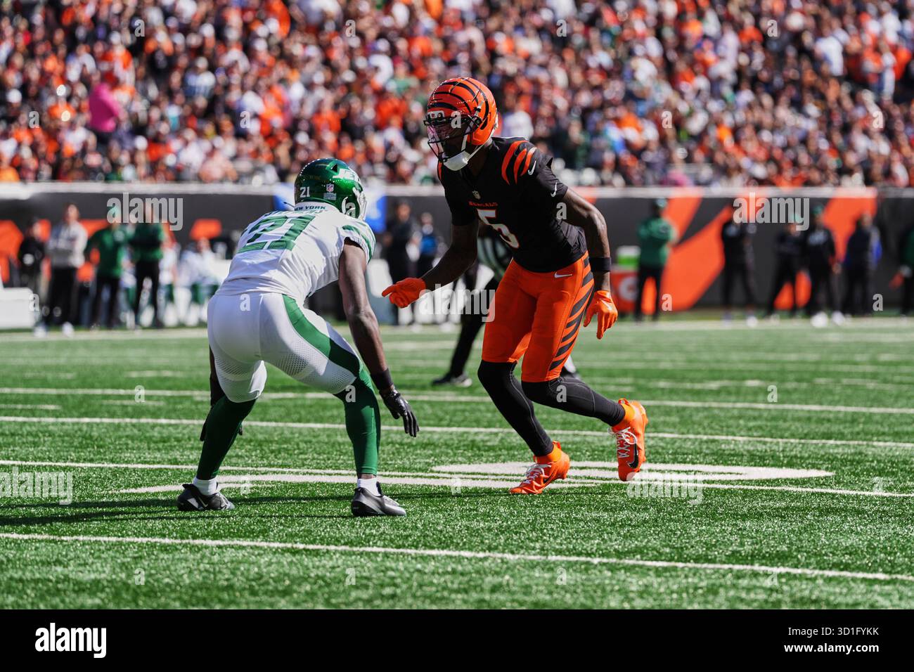 Cincinnati Bengals wide receiver Tee Higgins, right, lines up against ...