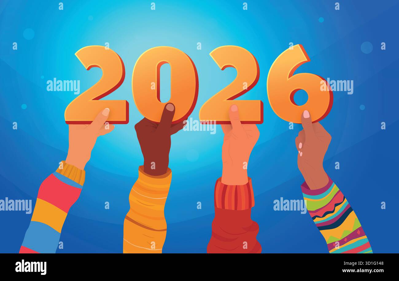 Hands of diverse people holding 2026 numbers celebrating New Year ...