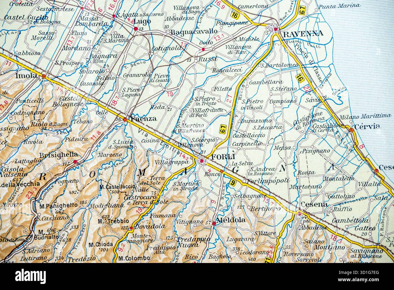 Section of an old Italian road map showing the Emilia-Romagna area ...