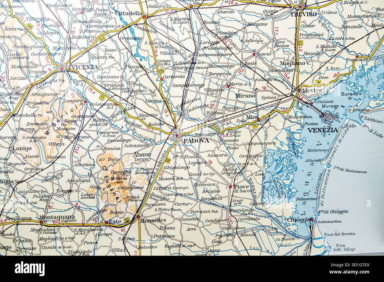 Section of an old Italian road map showing the Arezzo area in Tuscany ...