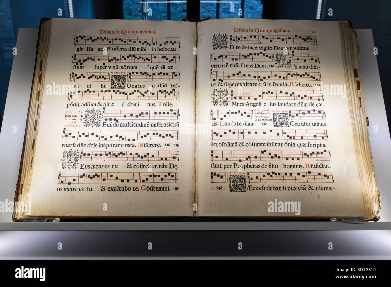 Open view of an ancient musical manuscript, showing handwritten notes ...