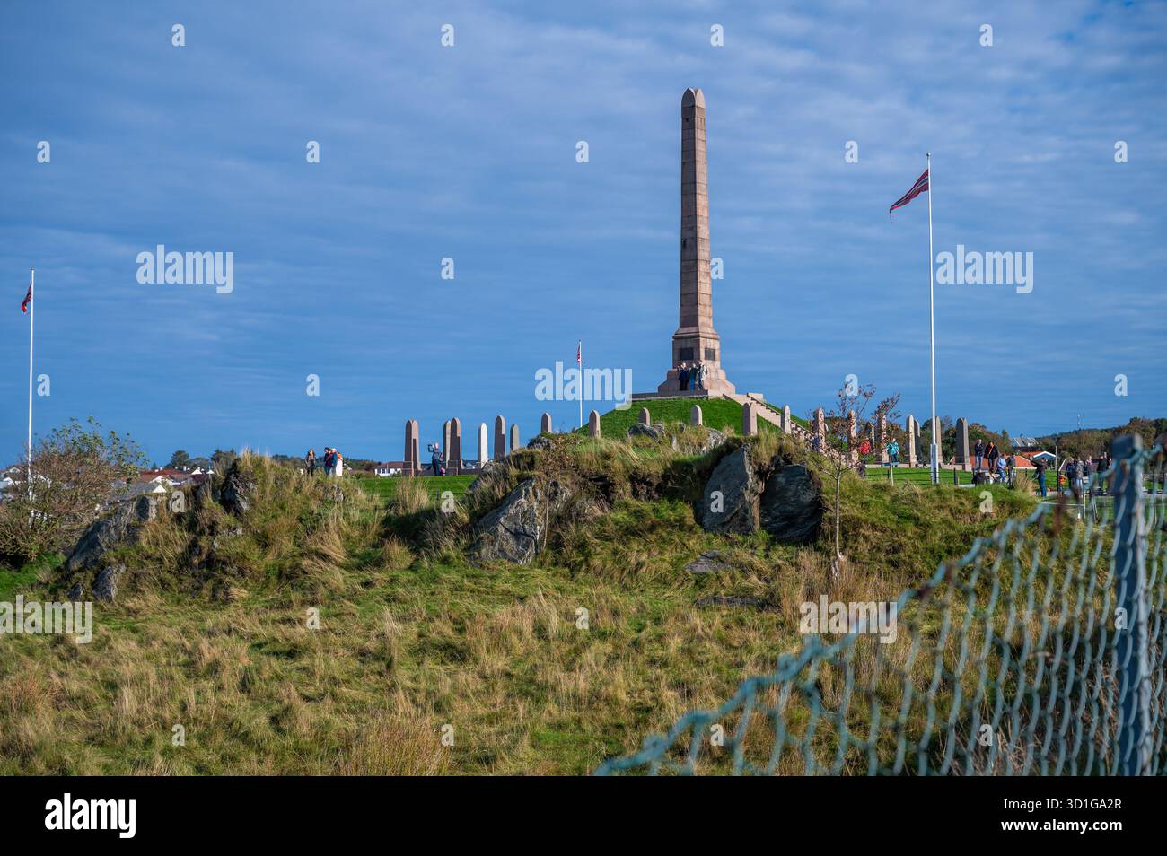 Haraldshaugen, Haugesund, Norway, tall monument stands prominently on a ...