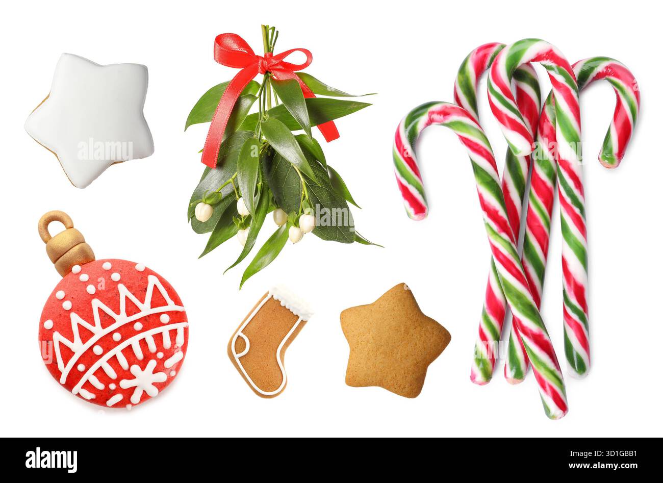 Christmas candy canes, gingerbread cookies and mistletoe-bough isolated ...