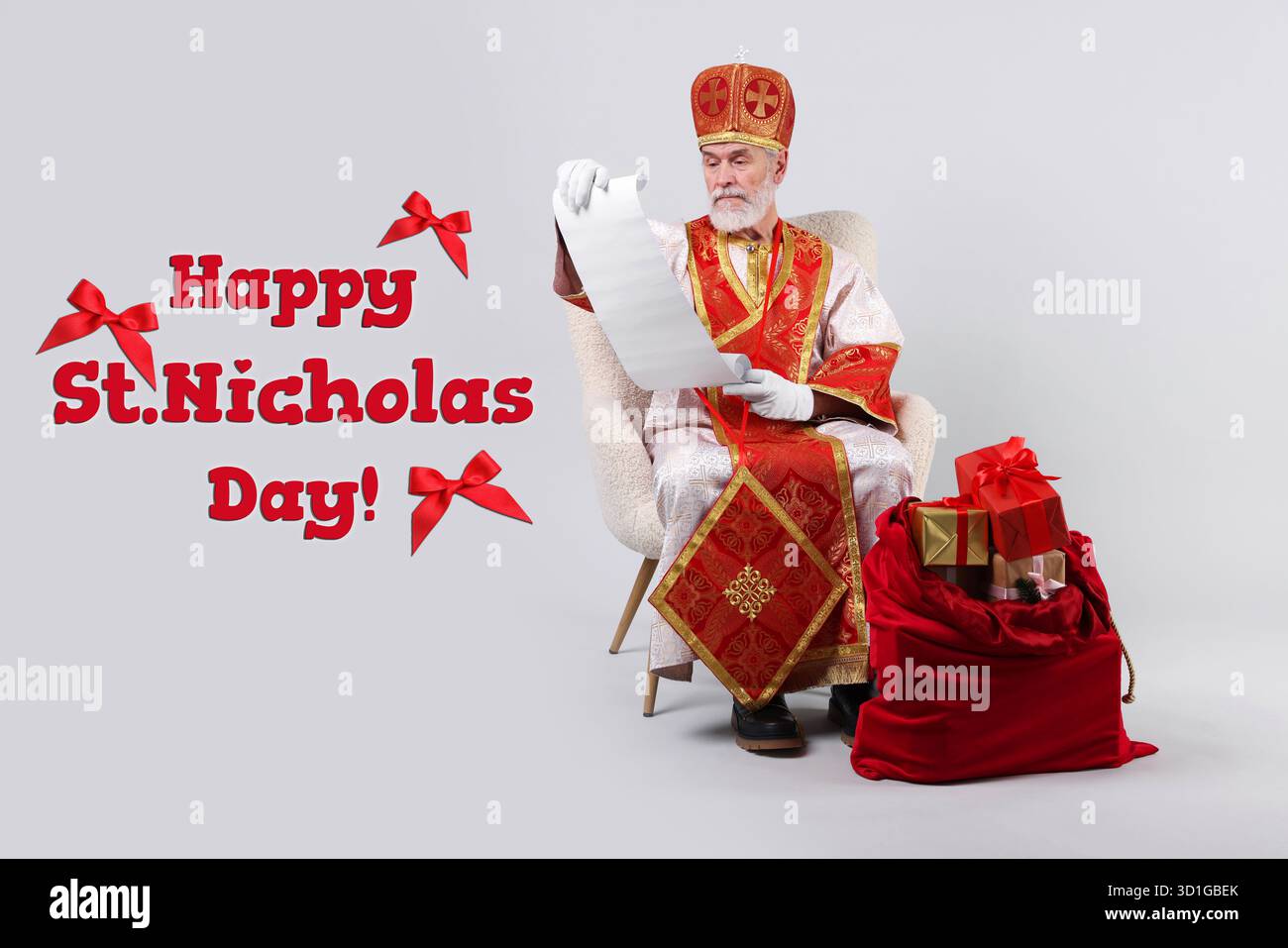 Saint Nicholas with gift list and bag full of boxes on white background ...