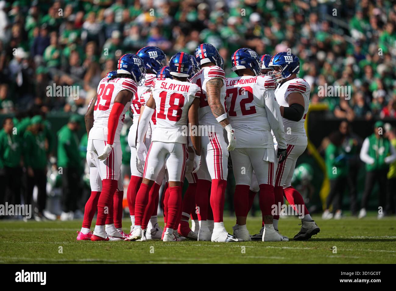 New York Giants huddle during an NFL football game on Sunday, Oct. 26 ...