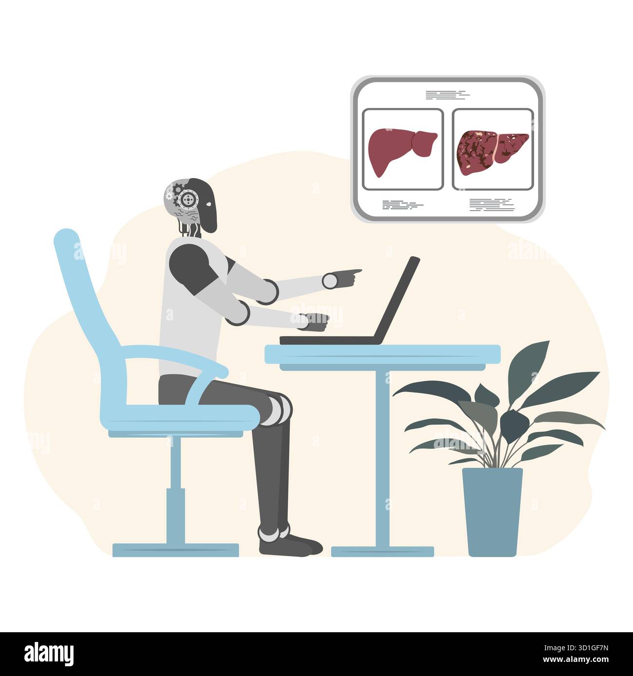 Robot analyzing liver images on computer screen in a modern office ...