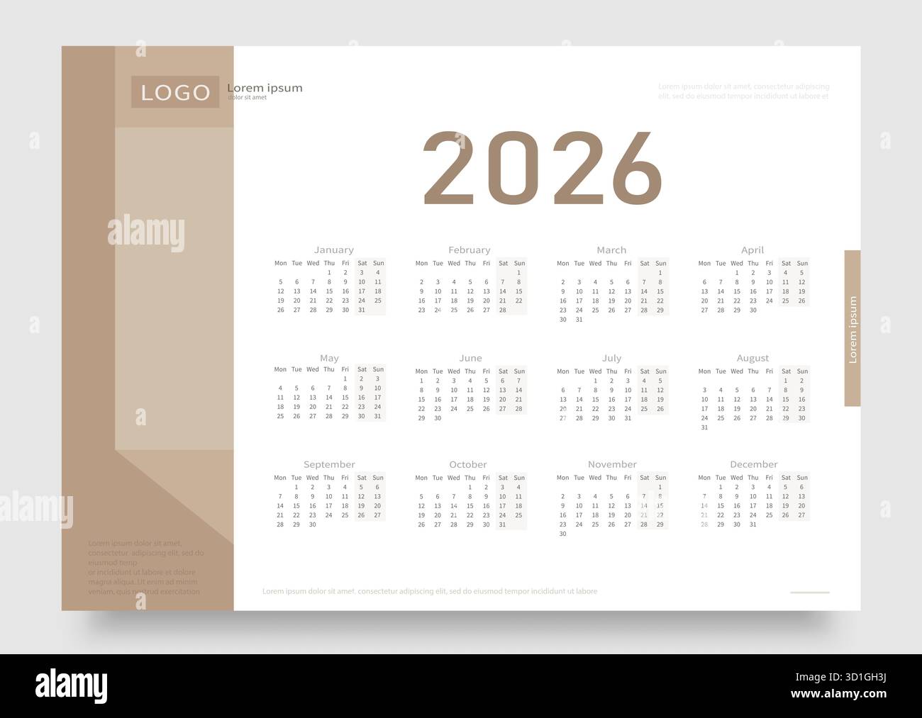 Minimalistic calendar for 2026 in white and beige on a gray background ...