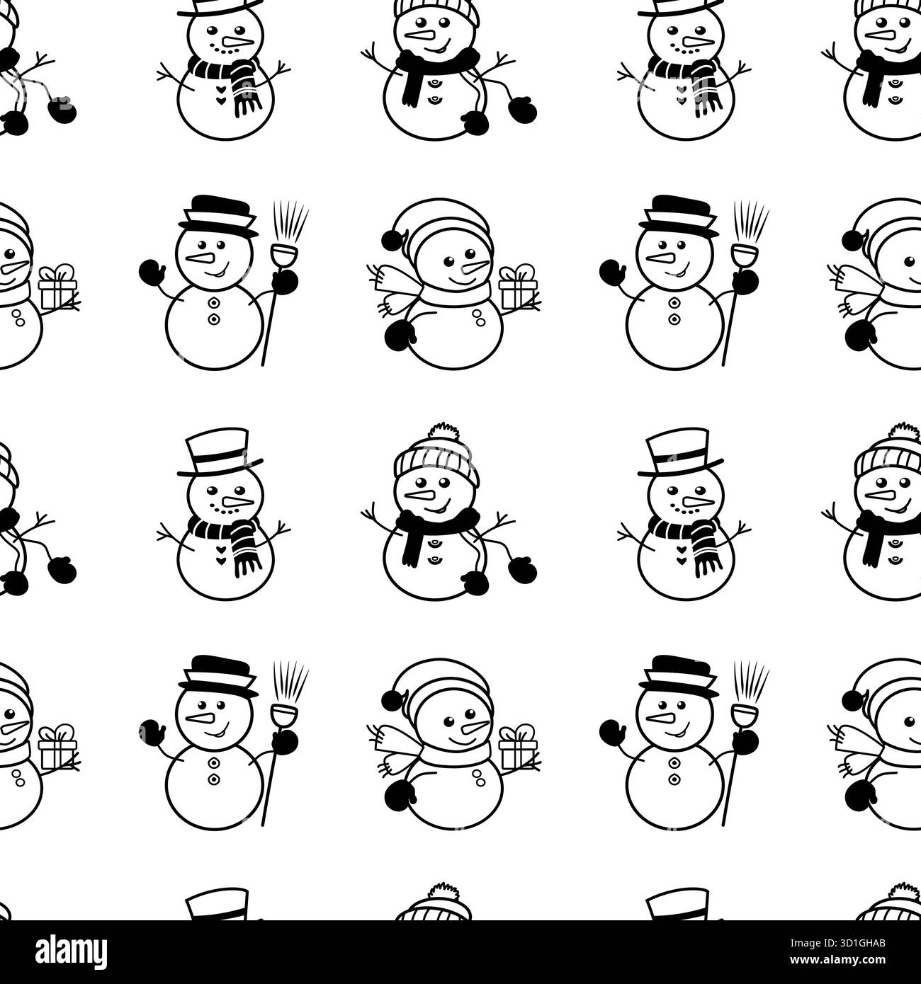 Vector seamless pattern set with cute snowmen in linear outline style ...