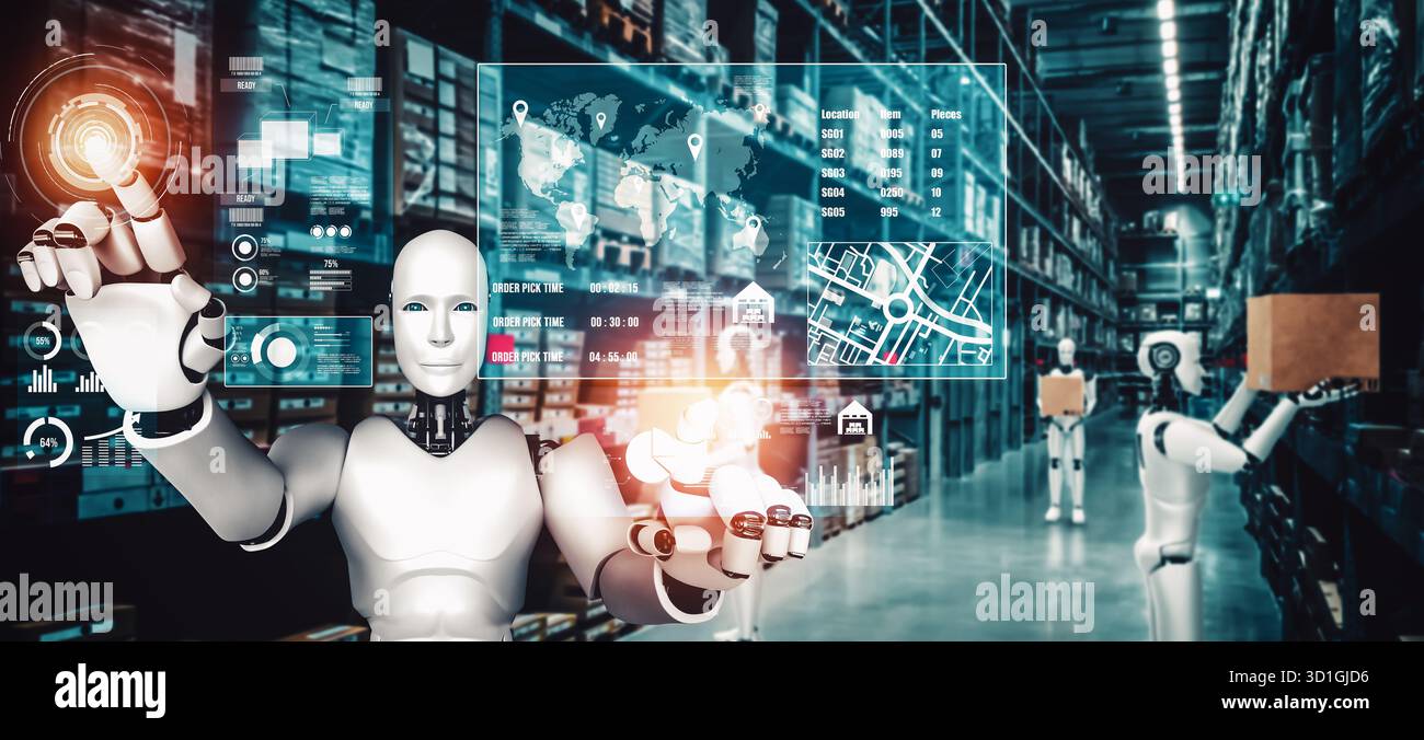 Innovative industry robot working in warehouse for human labor ...