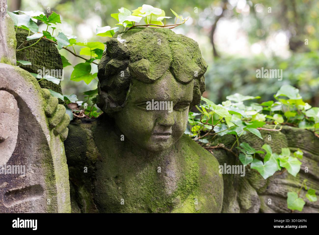 Classic statue at the leaves density Stock Photo - Alamy